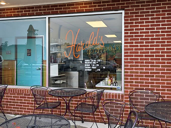 Window-shopping takes on new meaning at Harold's, where the cursive logo promises coffee and community. Those outdoor tables have witnessed countless morning conversations.
