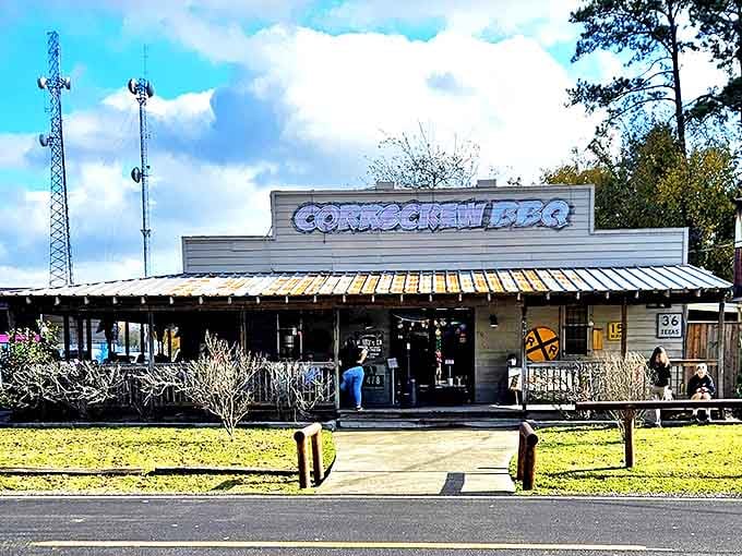 The unassuming exterior of CorkScrew BBQ stands like a humble temple to smoked meat perfection. No fancy frills needed when what's inside is this good.