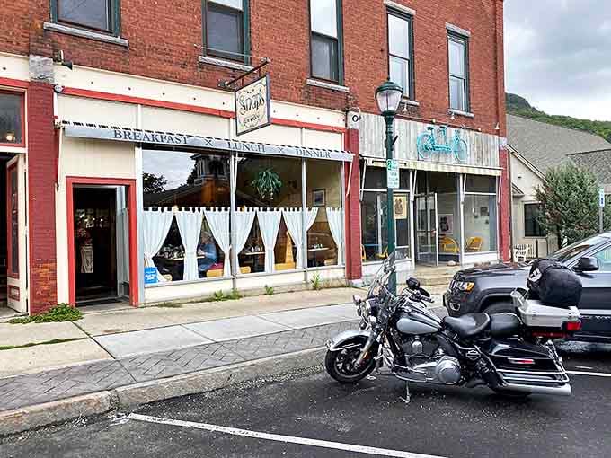 Snap's classic brick storefront on Bristol's Main Street welcomes hungry visitors with its vintage sign and charming curtained windows.