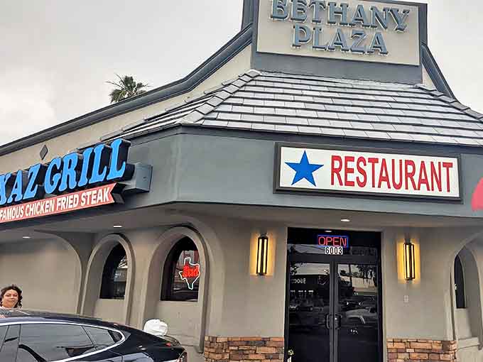 The blue neon sign beckons like a lighthouse for hungry souls. Texaz Grill proudly announces its specialty without pretense&mdash;this is chicken fried steak territory.