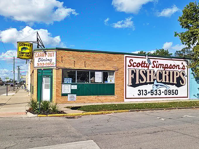 The unassuming brick exterior of Scotty Simpson's stands as a testament to the Detroit philosophy: don't waste energy on fancy facades when you could be perfecting your fish batter instead.