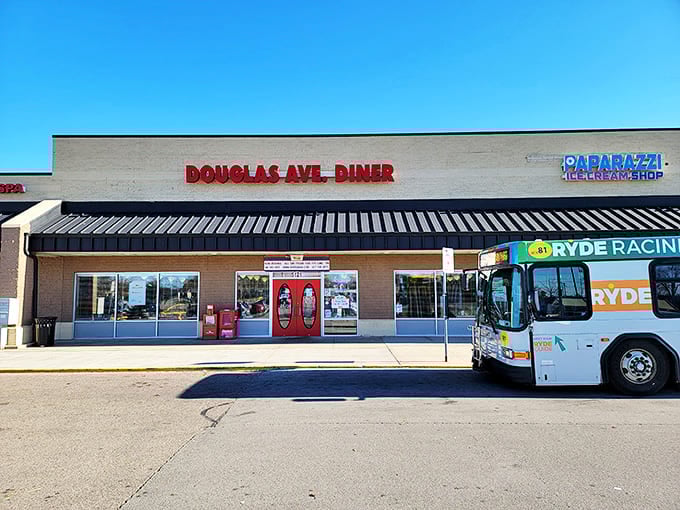 The classic brick exterior with its bold red signage stands as a beacon of hope for the breakfast-deprived souls of Racine.