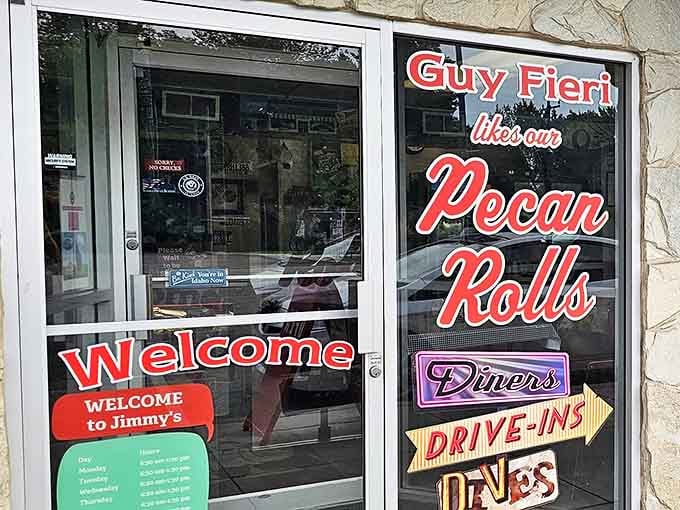 The door tells the whole story: Guy Fieri approved pecan rolls and a warm welcome that feels like a hug before you even step inside.