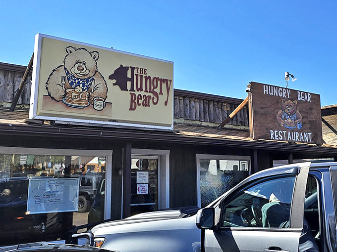 The charming Hungry Bear signage features a cartoon bear enjoying a meal—perfectly capturing the diner's whimsical, unpretentious character.