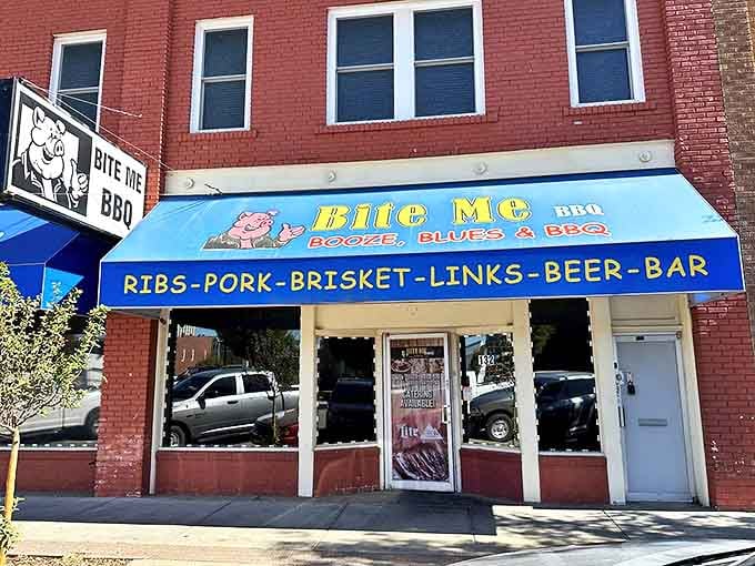 That bright blue awning isn't just a splash of color on Wichita's streetscape&mdash;it's a beacon for barbecue lovers seeking smoky salvation in downtown.