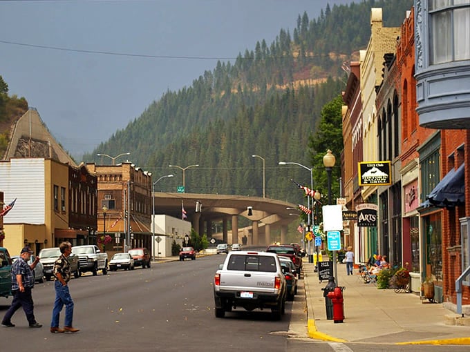 Downtown Wallace nestles perfectly between mountains, like a movie set director placed it there for maximum scenic impact.