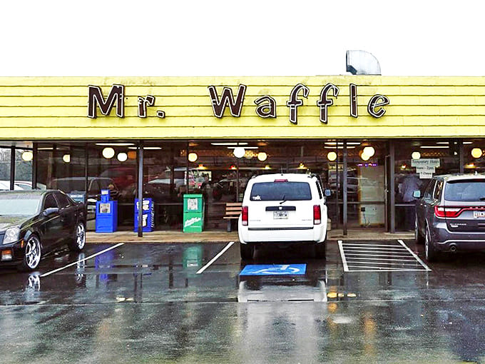 Rain or shine, the distinctive yellow facade of Mr. Waffle stands out in Gaffney, promising affordable comfort food and small-town charm.
