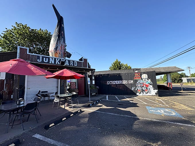 That shark fin jutting from the roof isn't just decoration&mdash;it's a warning that your taste buds are about to be deliciously ambushed at Junkyard Extreme Burgers.