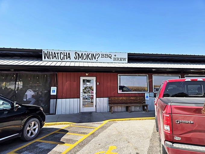 The simple wooden bench outside invites patrons to linger, perhaps contemplating a second helping of that melt-in-your-mouth brisket.