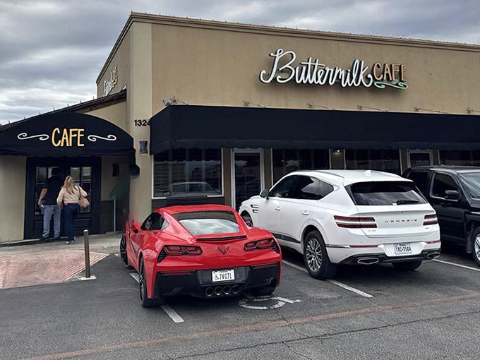 The entrance beckons like an old friend's kitchen door. Notice the fancy cars? Even folks with Porsches and Corvettes know where real luxury happens&mdash;at breakfast.