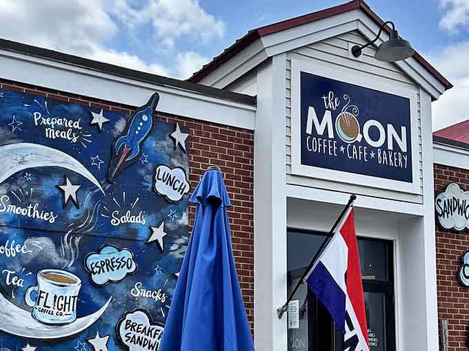 The cosmic-themed exterior of The Moon Cafe & Bakery promises a universe of flavor behind those brick walls. Breakfast adventurers, your destination awaits!