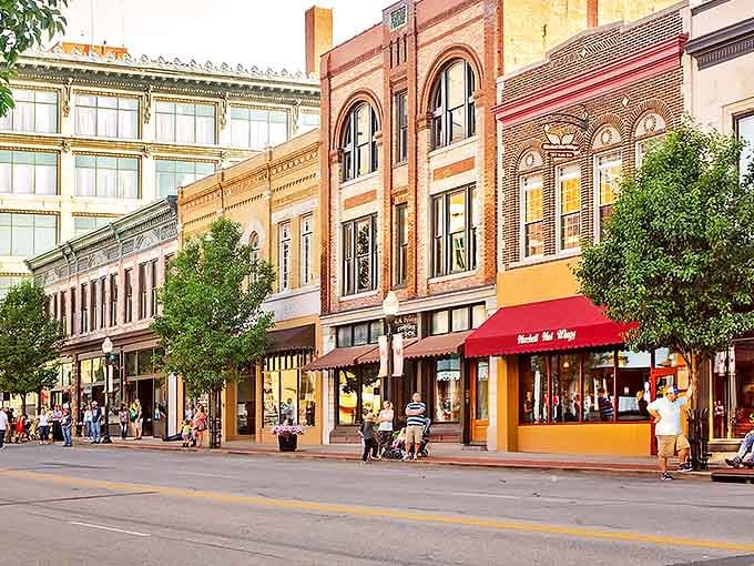 Sunset casts a golden glow on Joplin's Main Street, where local boutiques and eateries have replaced chain stores with character.