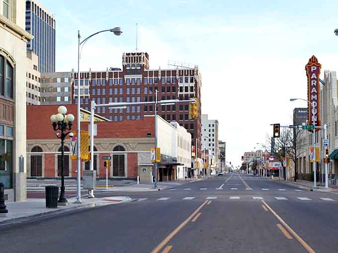 Downtown Amarillo's historic architecture stands proudly against the Texas sky, where the iconic Paramount sign has witnessed decades of Panhandle stories.
