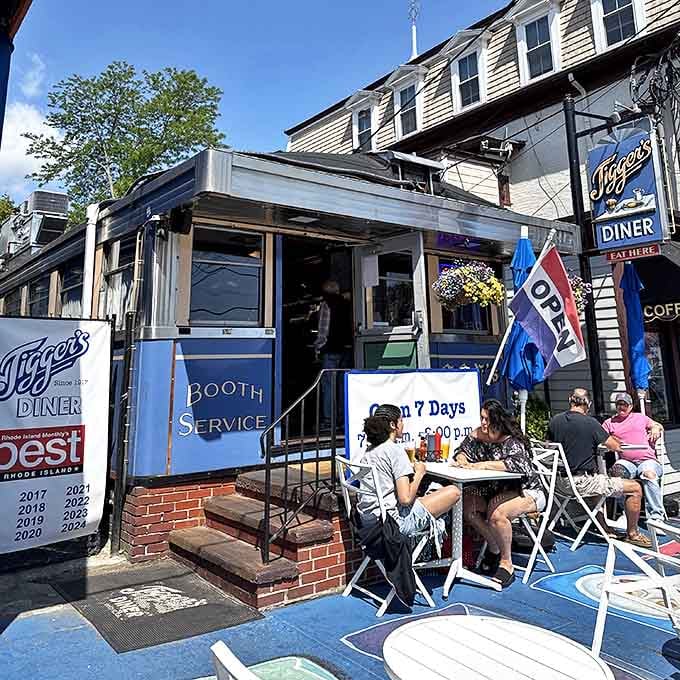 The blue exterior of Jigger's Diner beckons like a time machine to simpler days, when breakfast was an event and "booth service" meant something special.