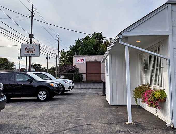 The unassuming exterior of Fred's Diner stands like a beacon of breakfast hope on East Waterloo Road, promising delicious rewards for those in the know.