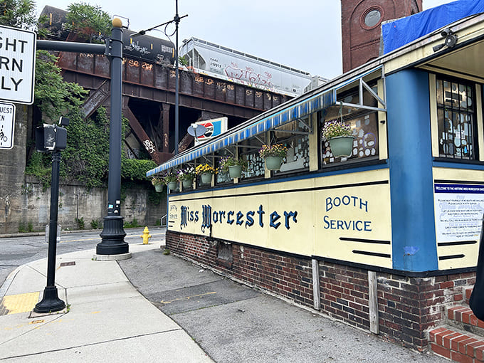 The iconic blue-trimmed exterior of Miss Worcester Diner stands proudly beneath railroad tracks, a vintage dining car that's been serving breakfast dreams for generations.