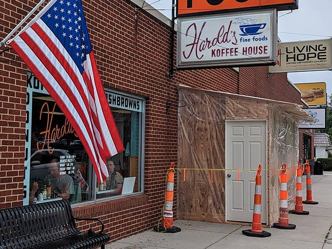 The stars and stripes wave hello at Harold's Koffee House, where Americana isn't just served—it's celebrated daily in Florence's historic heart.