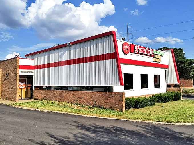 Pancho's bold red and white exterior stands like a beacon of hope for hungry travelers. That "OPEN 24 HRS" sign might be the most beautiful poetry in Kansas.