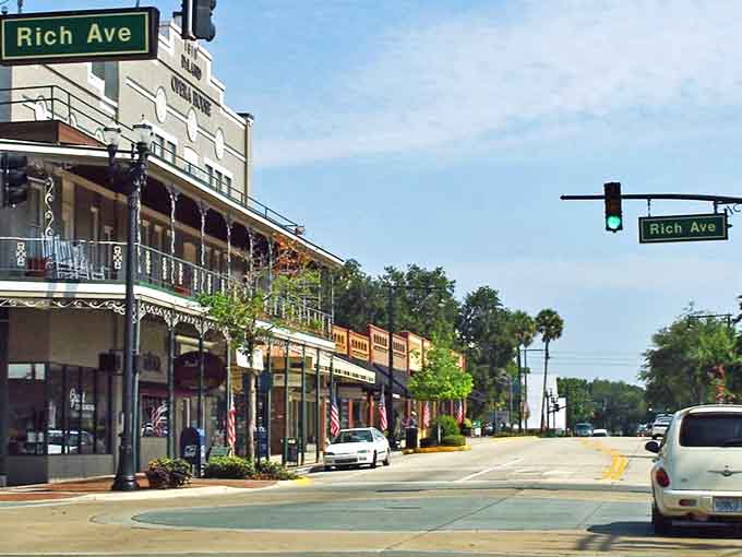 Historic storefronts along Rich Avenue showcase DeLand's preserved architectural charm, where yesterday's elegance meets today's small-town bustle.