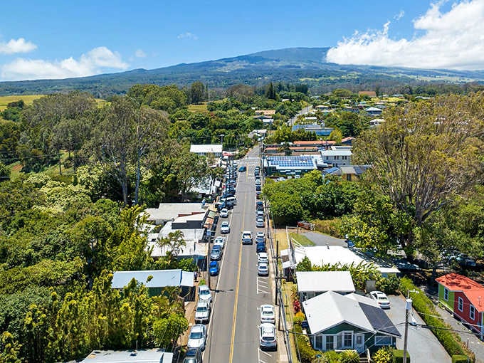 From above, Makawao reveals itself as a perfect grid of small-town charm nestled against the majestic backdrop of Haleakalā's slopes.