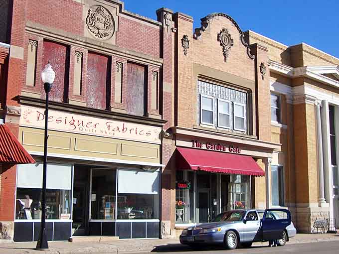 Downtown Carrington's historic facades tell stories in brick and mortar, where Designer Fabrics and The Garden Gate welcome visitors like old friends.