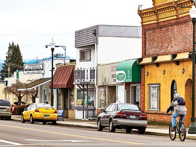 Downtown Sutherlin's charming main street offers a glimpse into small-town Oregon life, where colorful storefronts welcome visitors without the big-city price tags.