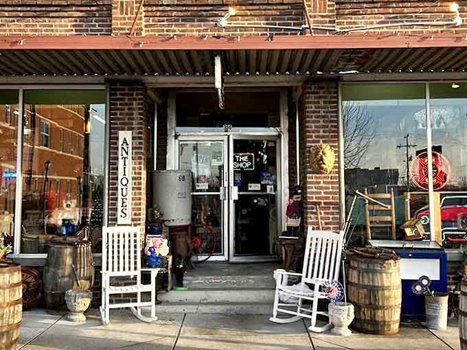 The welcoming storefront of Cadiz Antique Mall beckons with white rocking chairs and rustic barrels &ndash; Kentucky's version of a front porch invitation to treasure hunters everywhere.