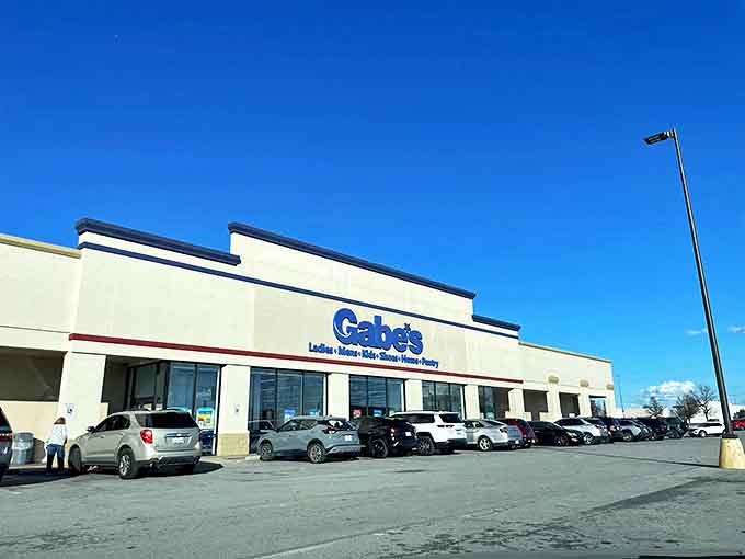 The iconic blue-trimmed Gabe's storefront stands like a discount oasis in Springfield, promising treasure hunts for savvy Missouri shoppers.