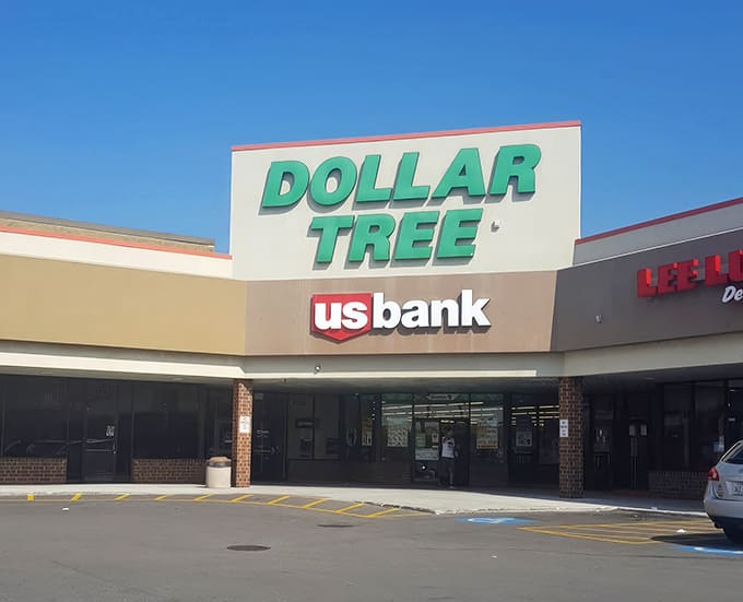 Sharing space with US Bank, this Dollar Tree proves that smart money management sometimes means knowing where to find life's essentials without breaking the bank.