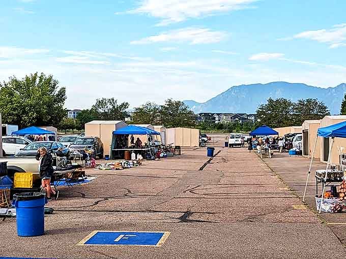 The outdoor vendor area sprawls beneath Colorado's famous blue skies, with Pikes Peak creating a dramatic backdrop for treasure hunters.