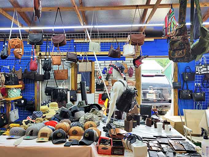 Accessory paradise where handbags dangle like fashionable fruit and baseball caps create a sea of team spirit below. The ultimate fashion treasure hunt!