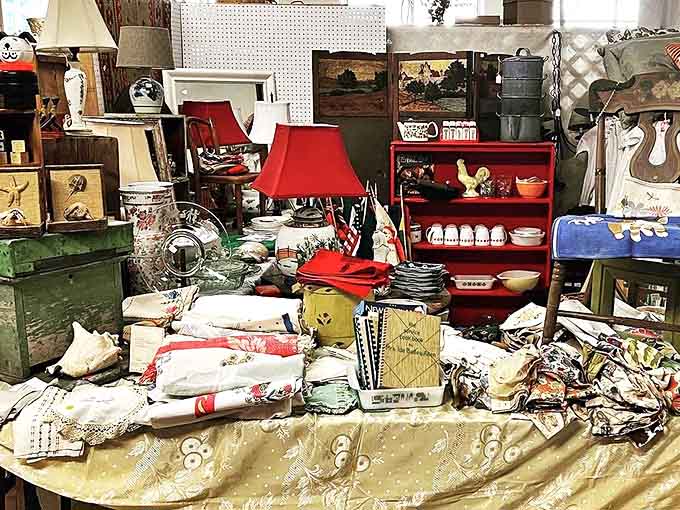 Treasure hunters' paradise: Shelves packed with vintage glassware, antique furniture, and curios waiting to reveal their stories to the right person.