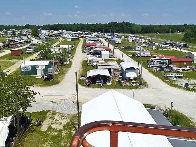An aerial view reveals the true scale of Rutledge Flea Market&mdash;rows of vendors creating temporary neighborhoods where bargain hunters roam like modern-day explorers.