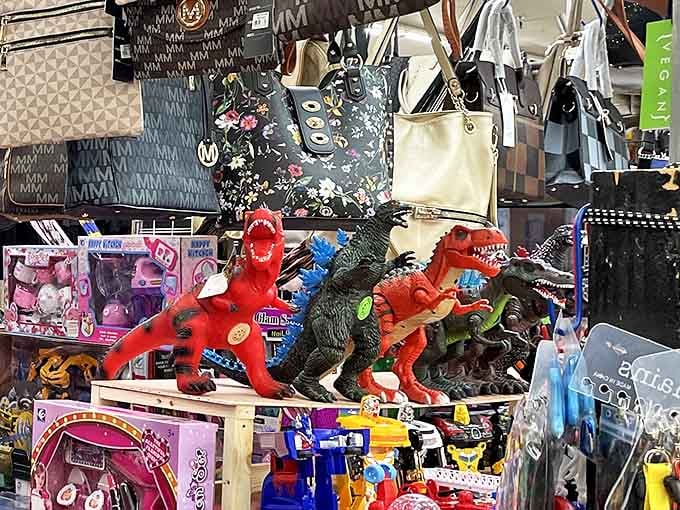 Designer handbags meet dinosaur toys in this delightful corner of Portland Flea Market &ndash; where luxury and childhood nostalgia collide!