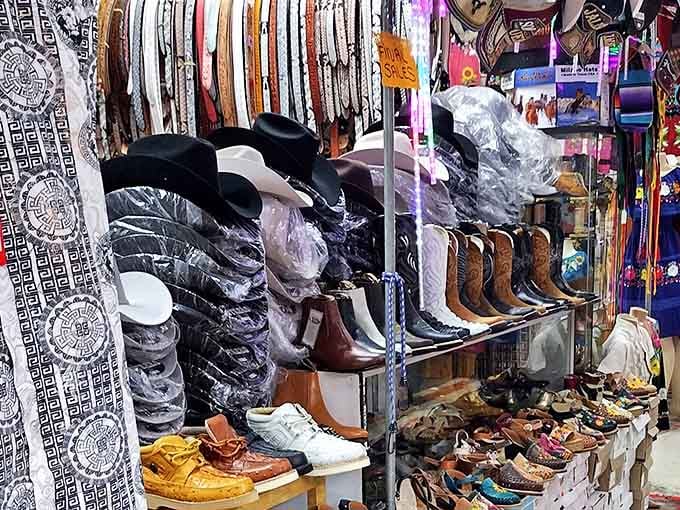 Western wonderland! Cowboy hats, embroidered boots, and colorful belts create a rodeo-ready collection at Portland's favorite flea market.