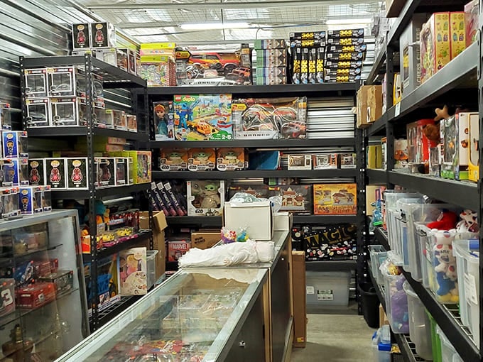 Toy collector's paradise with shelves packed full of nostalgic games, action figures, and collectibles waiting for new homes.