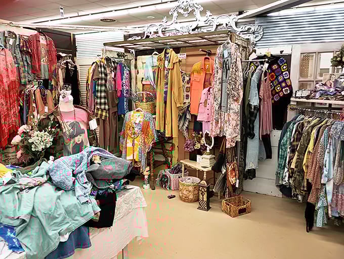 Fashion time travel at its finest! This vendor's clothing booth transforms forgotten wardrobes into tomorrow's vintage statement pieces, all waiting for their second act.