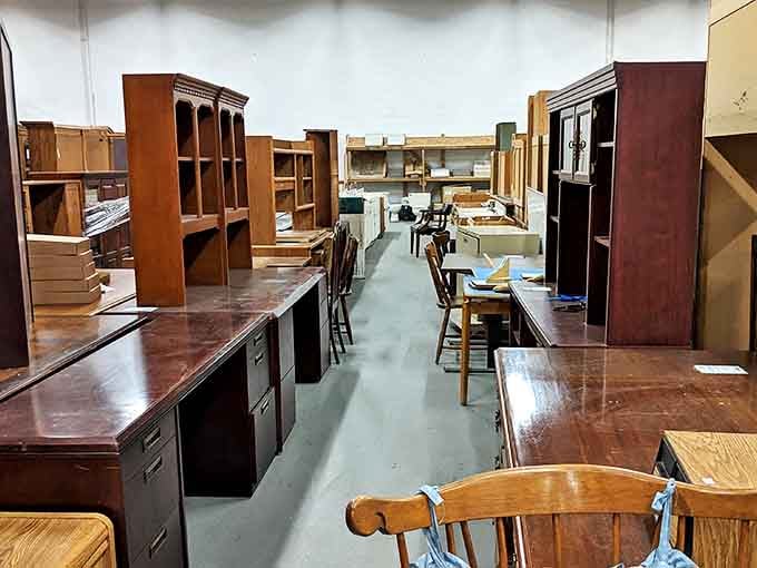 The unassuming brick exterior of Prices Corner ReStore hides a treasure trove within. Like finding the entrance to Narnia, but with more sofas and fewer talking lions.