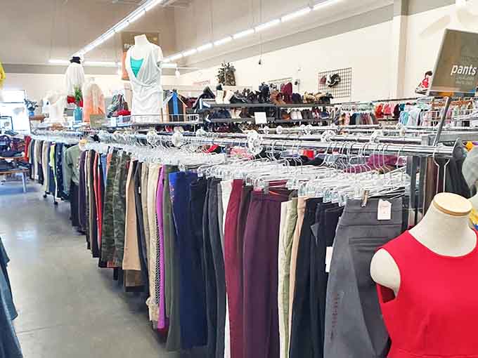 Rack after colorful rack of pants and tops await their second chance at fashion stardom. The thrill of the hunt begins in these well-organized aisles.