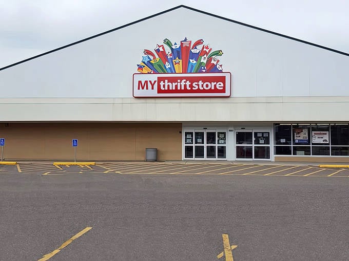 The unassuming exterior of MyThriftStore in St. Paul hides a universe of treasures within, like a plain book cover concealing a bestselling story.