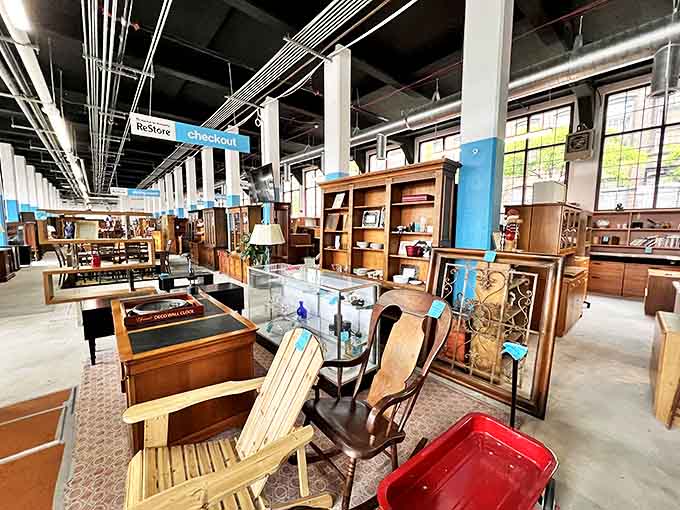 Organized chaos at its finest &ndash; where Adirondack chairs mingle with dining sets under the watchful gaze of blue-painted columns.