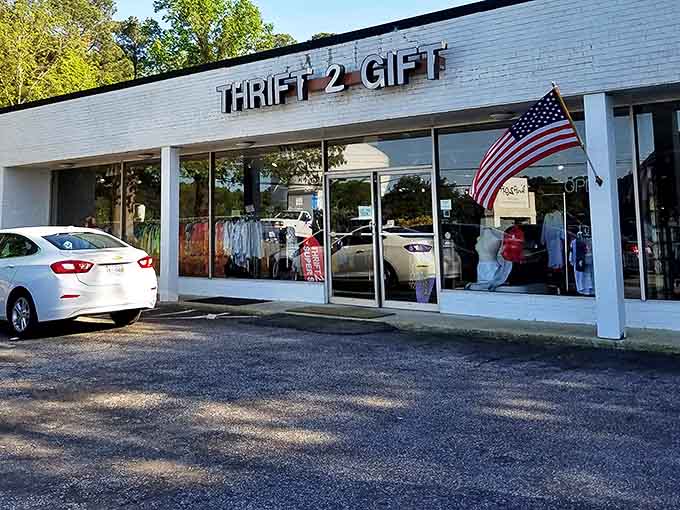 The unassuming white brick exterior of Thrift2Gift belies the treasure trove waiting inside. American flag proudly displayed, naturally.
