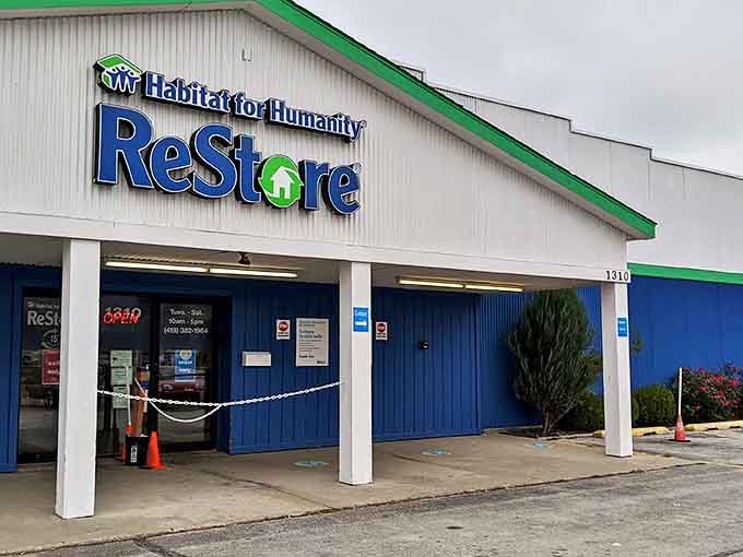 Standing proud with its distinctive blue siding and green trim, the ReStore entrance is like the gateway to a DIYer's Narnia.