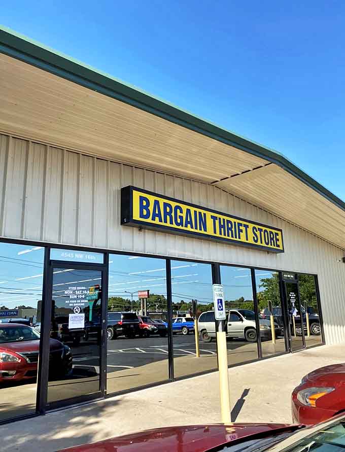 The bright blue and yellow sign beckons like a siren call to bargain hunters. No fancy frills needed when the treasures await inside.