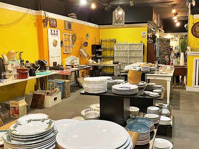 Stacks of vintage dishware await new homes in the housewares section, where yesterday's china becomes tomorrow's dinner party conversation piece.