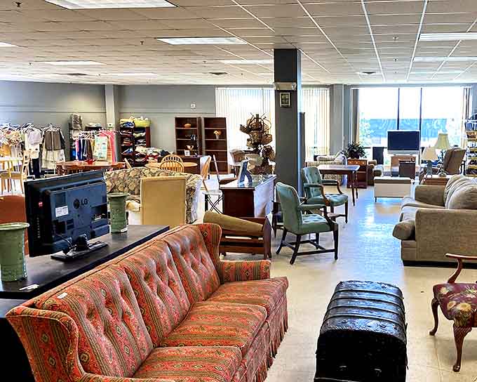 Inside this bargain paradise, a vibrant striped sofa beckons shoppers to imagine it in their own living room.