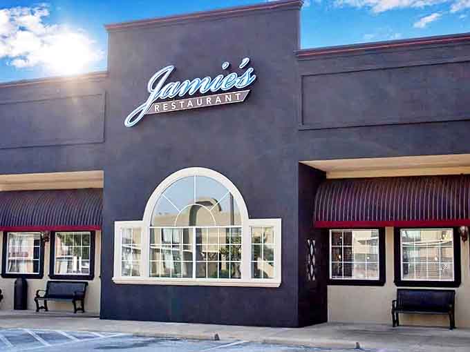 The restaurant's clean, modern facade features the signature Jamie's sign, promising unpretentious comfort and hearty meals within.