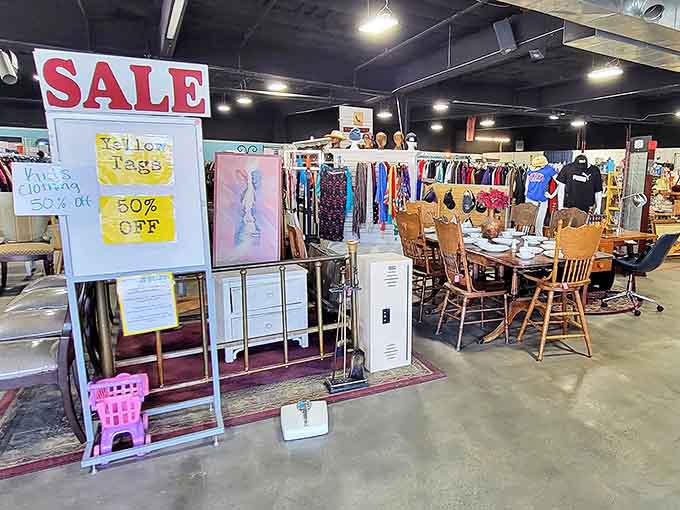 Clothing racks stretch to the horizon like a textile Grand Canyon. Every hanger holds a potential fashion revelation waiting to be discovered.