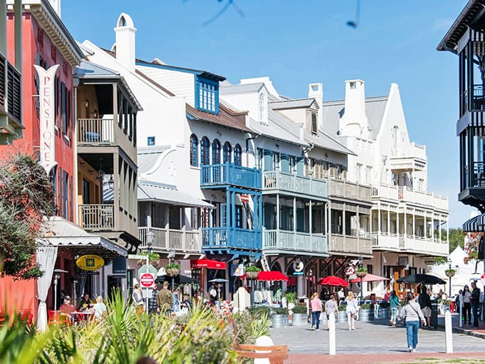Colorful facades line Rosemary Beach's cobblestone streets, creating a European village vibe that makes you forget you're in Florida's Panhandle.