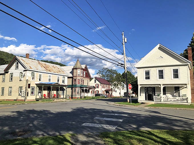 Victorian charm on full display! South Royalton's colorful historic homes line up like architectural beauty contestants, each flaunting its unique personality under Vermont's brilliant blue sky.